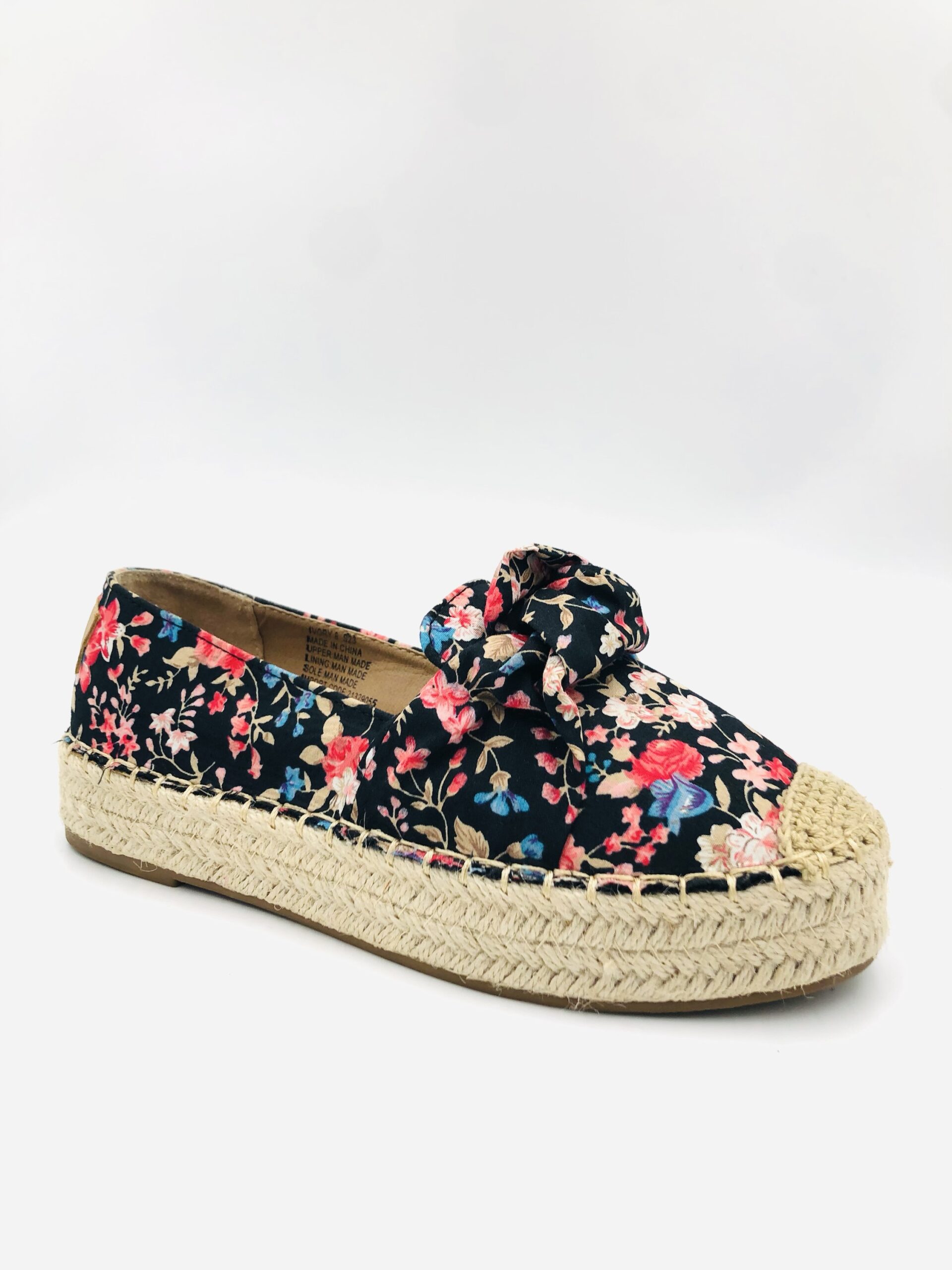 Via Beach Ivory 8 Black Ladies Floral Espidrille Loafer - Shoe World